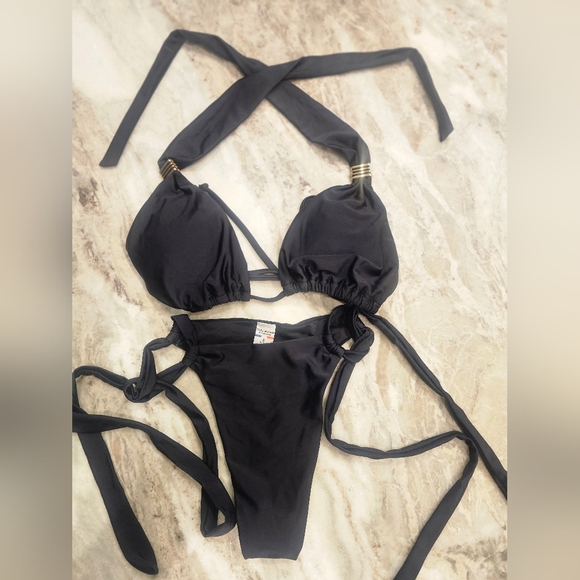 RELLECIGA | Swim | New Relleciga Black Gold Accents Halter Tie Bikini ...